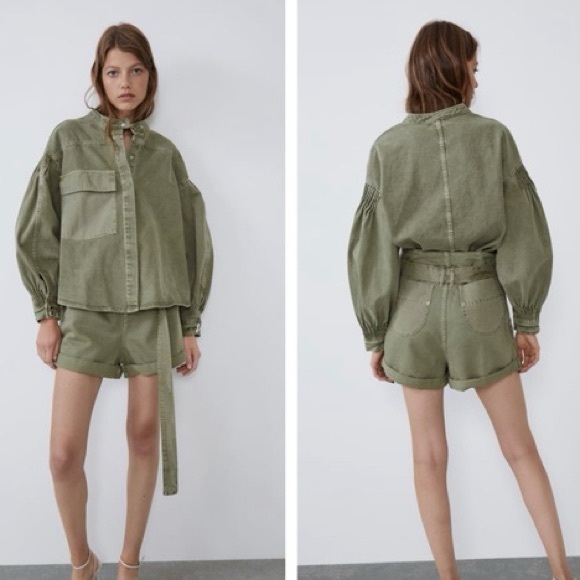 Zara | Jackets & Coats | Zara Denim Snap Button Puff Sleeve Shacket In ...